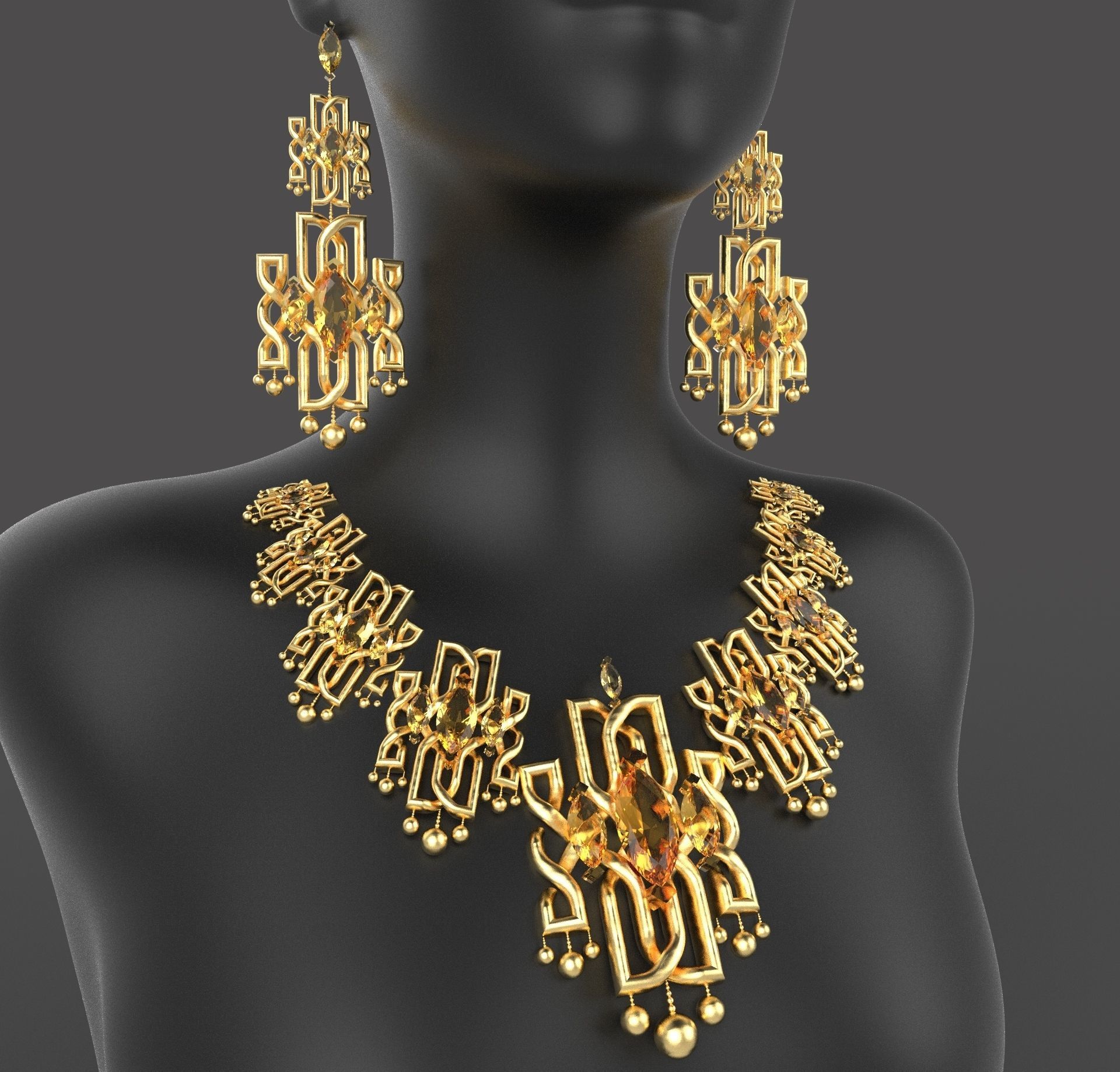 jwellery gold necklace and earrings set on mannequin 3D model | CGTrader