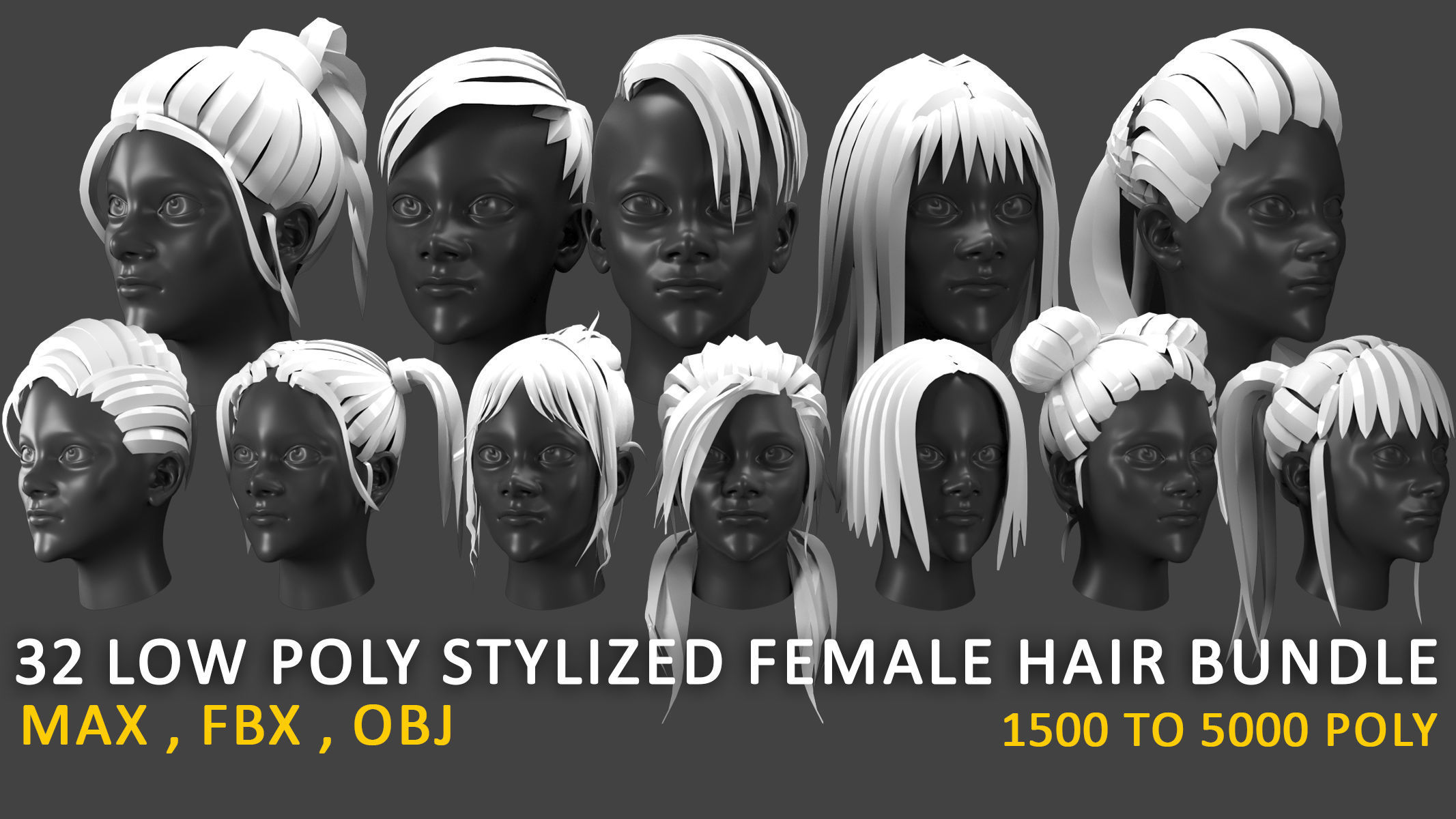 3D model low poly stylized female hair bundle VR / AR / low-poly | CGTrader