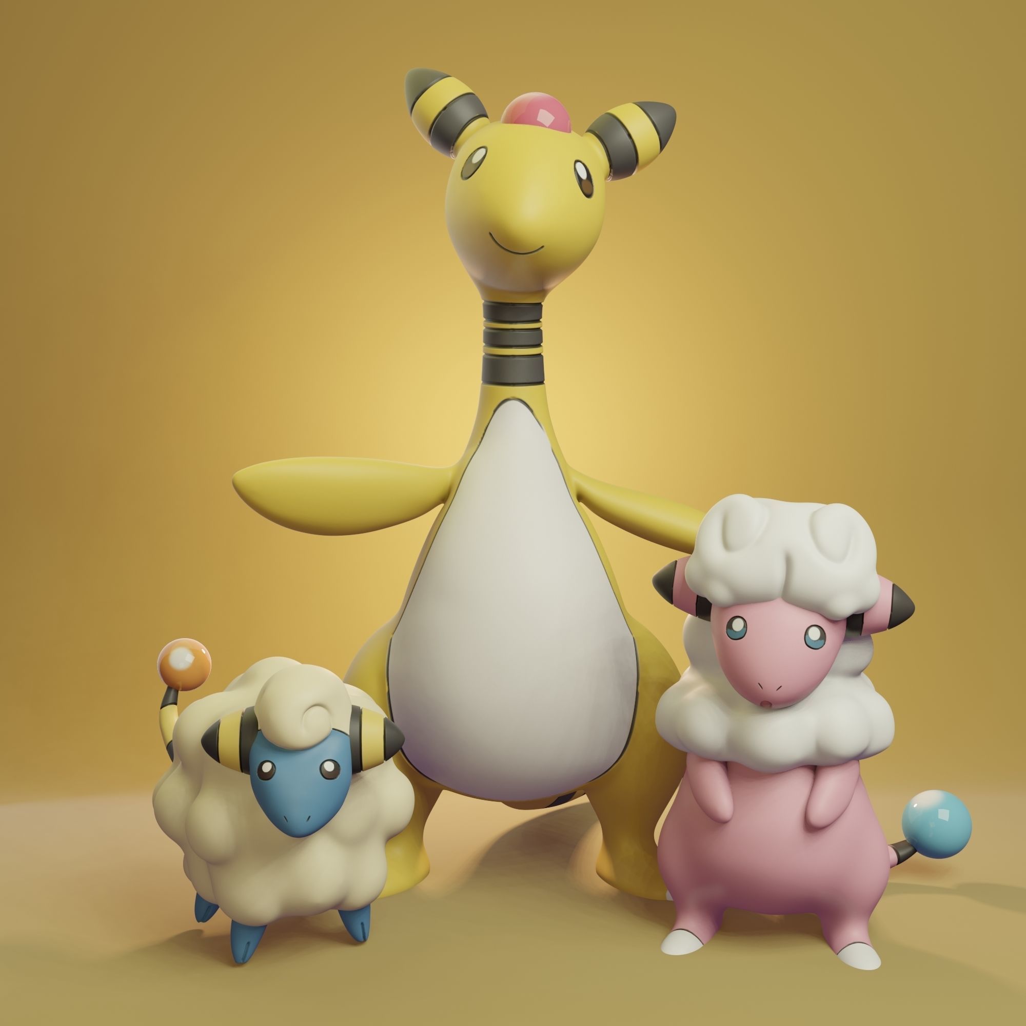 Pokemon - Mareep Flaaffy and Ampharos with 2 poses each 3D model 3D ...