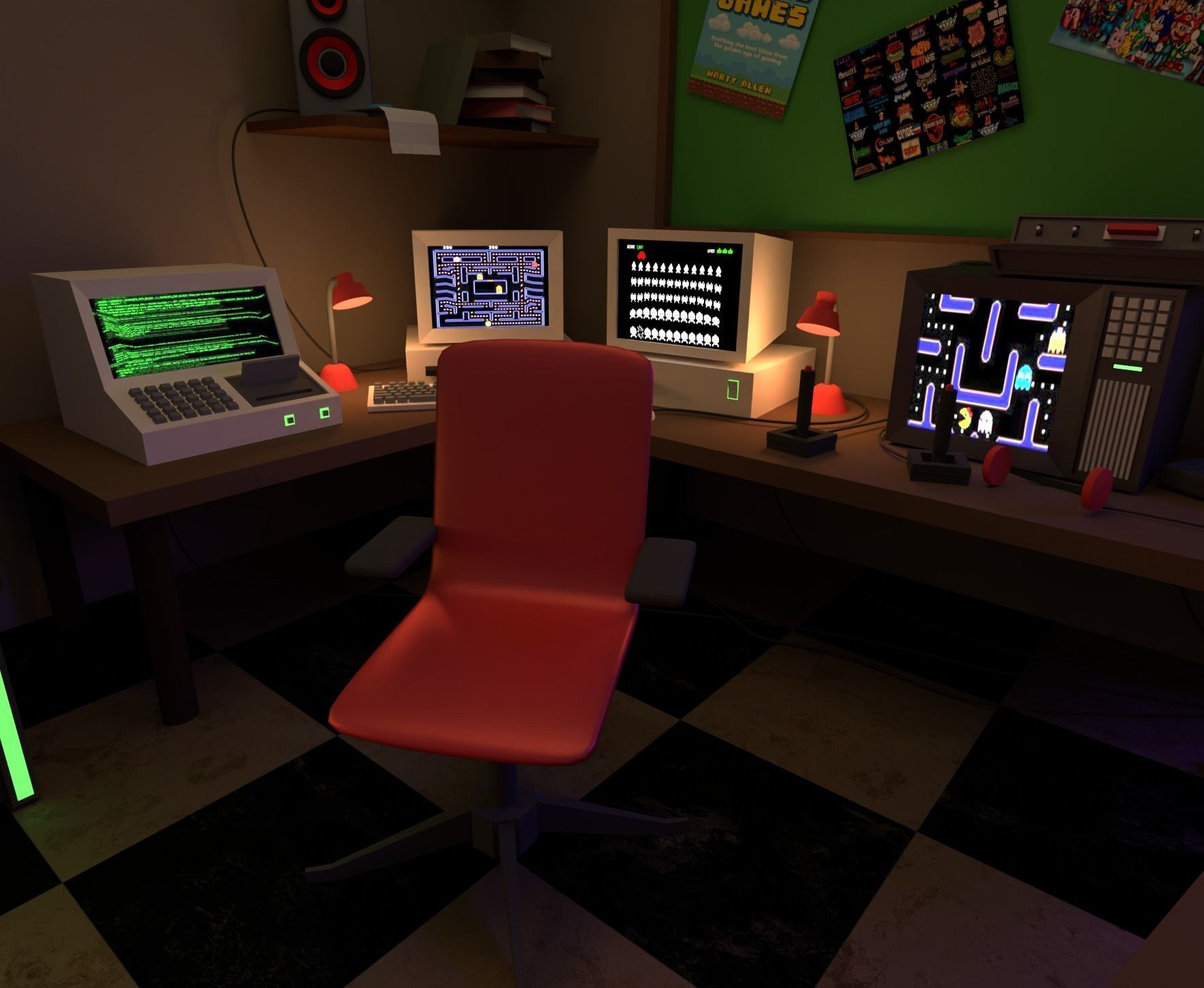 low poly 90S RETRO GAMING AND HACKER ROOM free 3D model | CGTrader