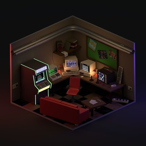 low poly 90S RETRO GAMING AND HACKER ROOM free 3D model | CGTrader