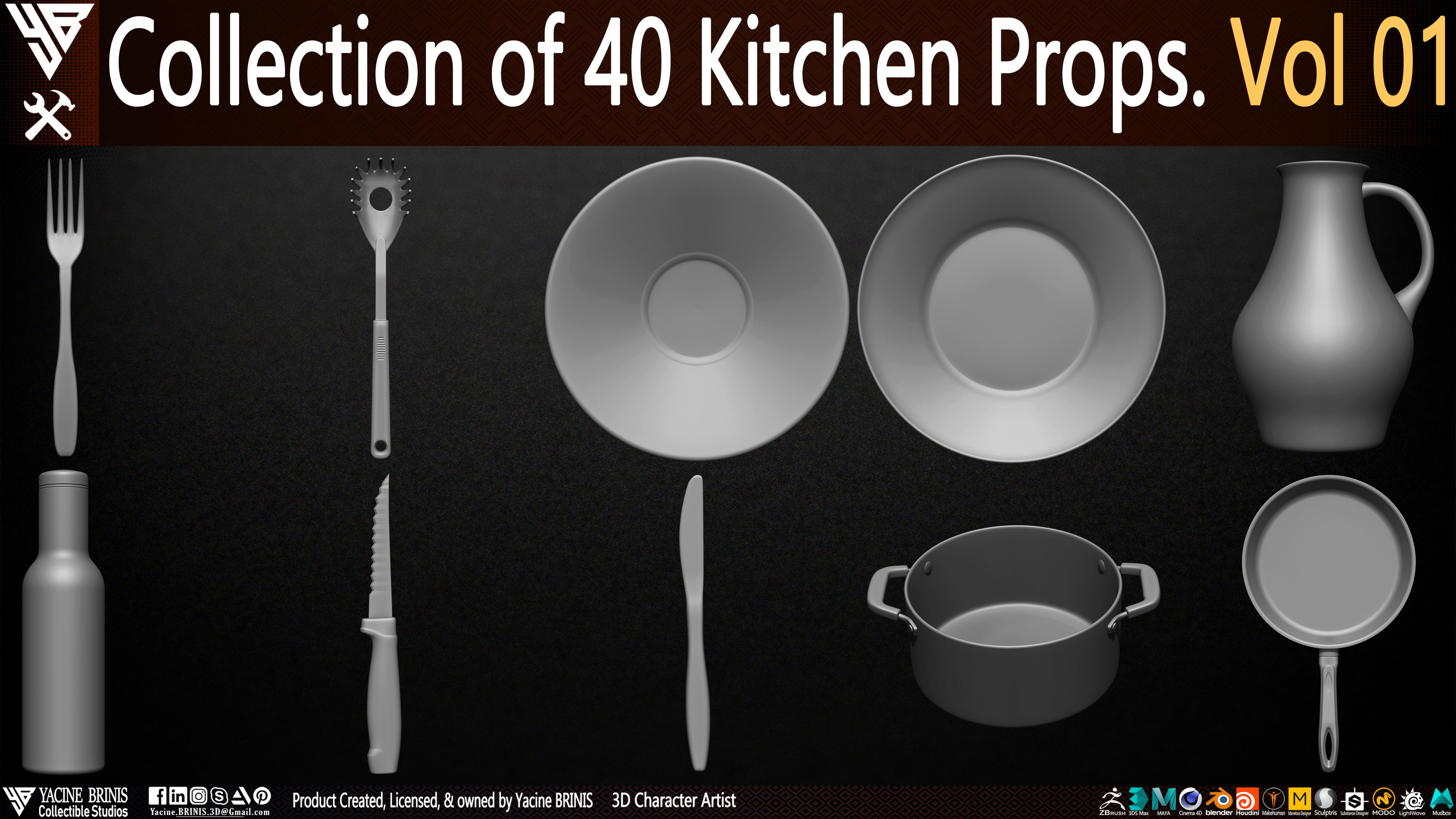 3D model Collection of 40 Kitchen Prop Dishes Vol 01 VR / AR / low-poly ...