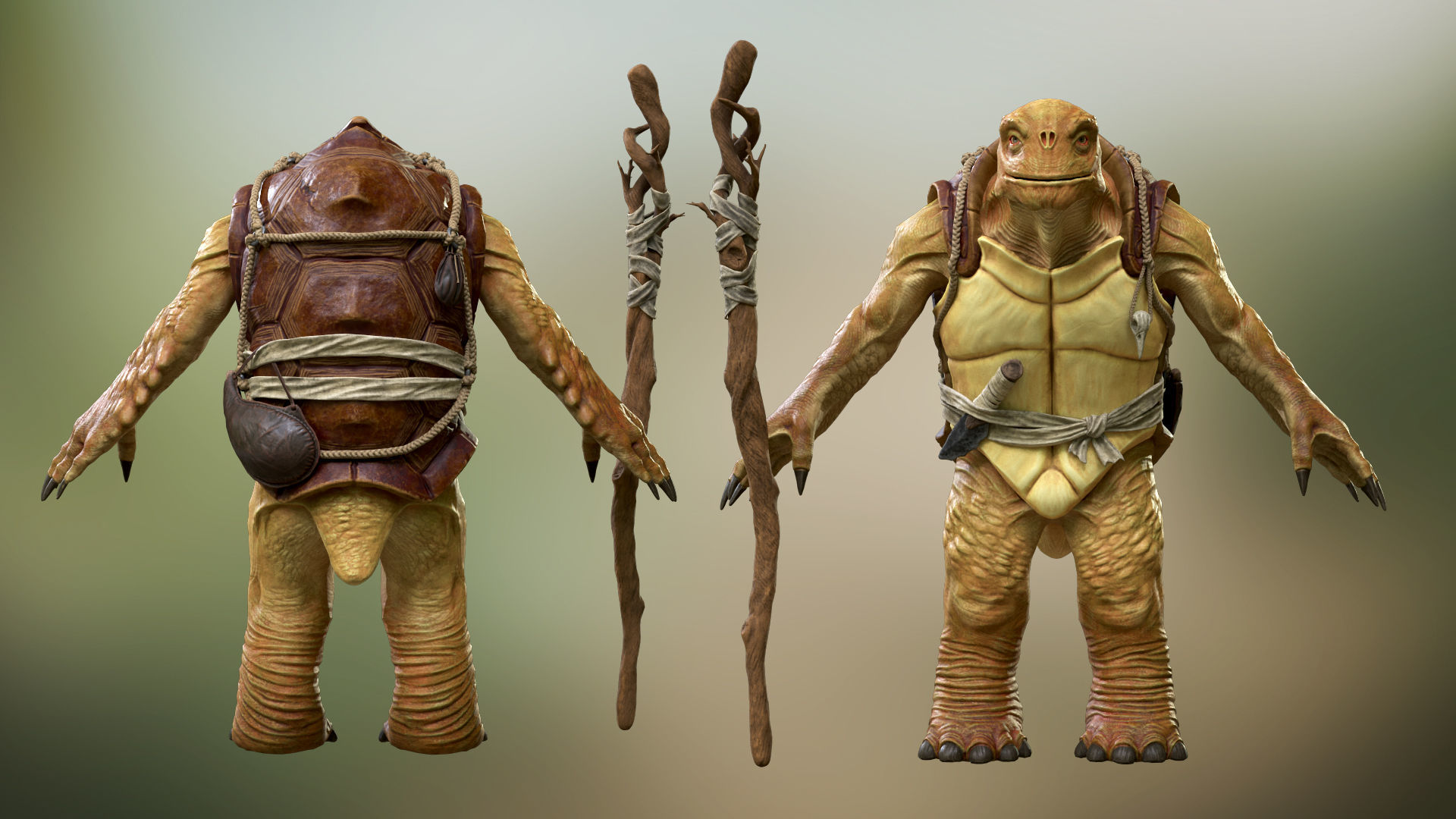 3D model Turtle star wars character in woods with stick VR / AR / low ...