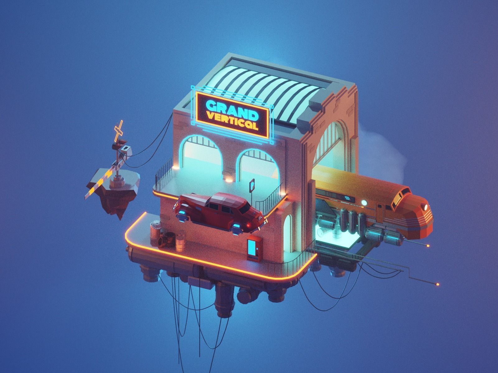 Cartoon Cloud Train Station scene 3D model | CGTrader