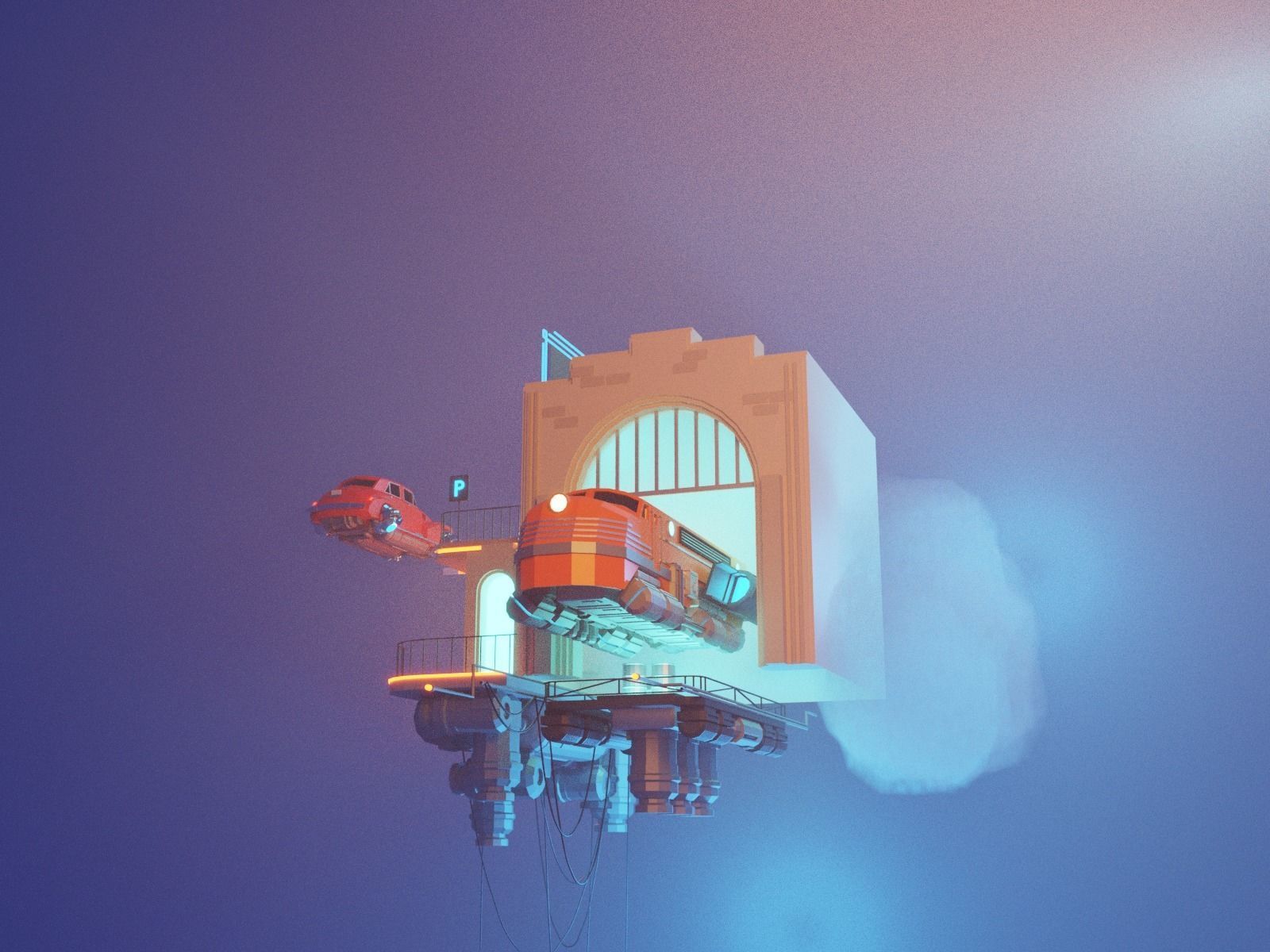 Cartoon Cloud Train Station scene 3D model | CGTrader