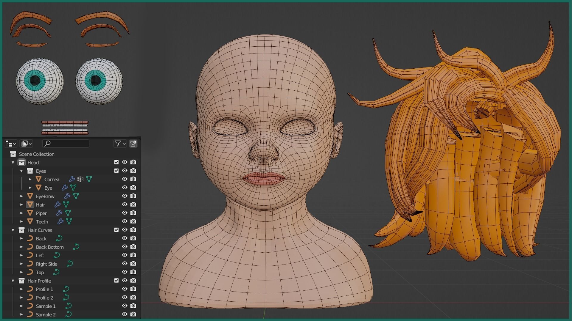 3D model Female Head Stylized Base mesh with Hair in blender curve VR ...