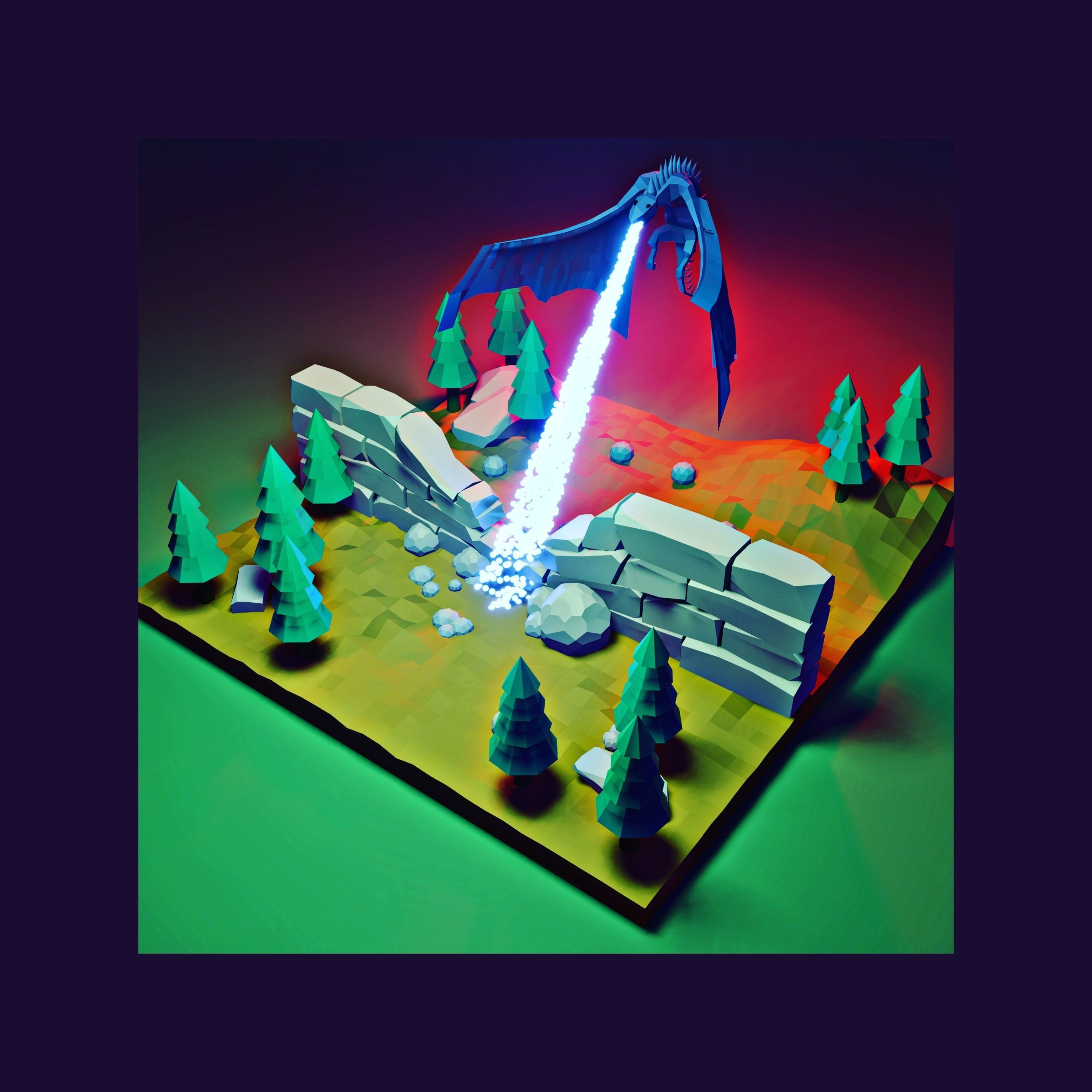 3D model low poly dragon paper castle with light shining VR / AR / low ...