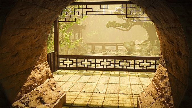 Scene Japanese Environment Tree PBR Assets Shrine Water 3D model | CGTrader