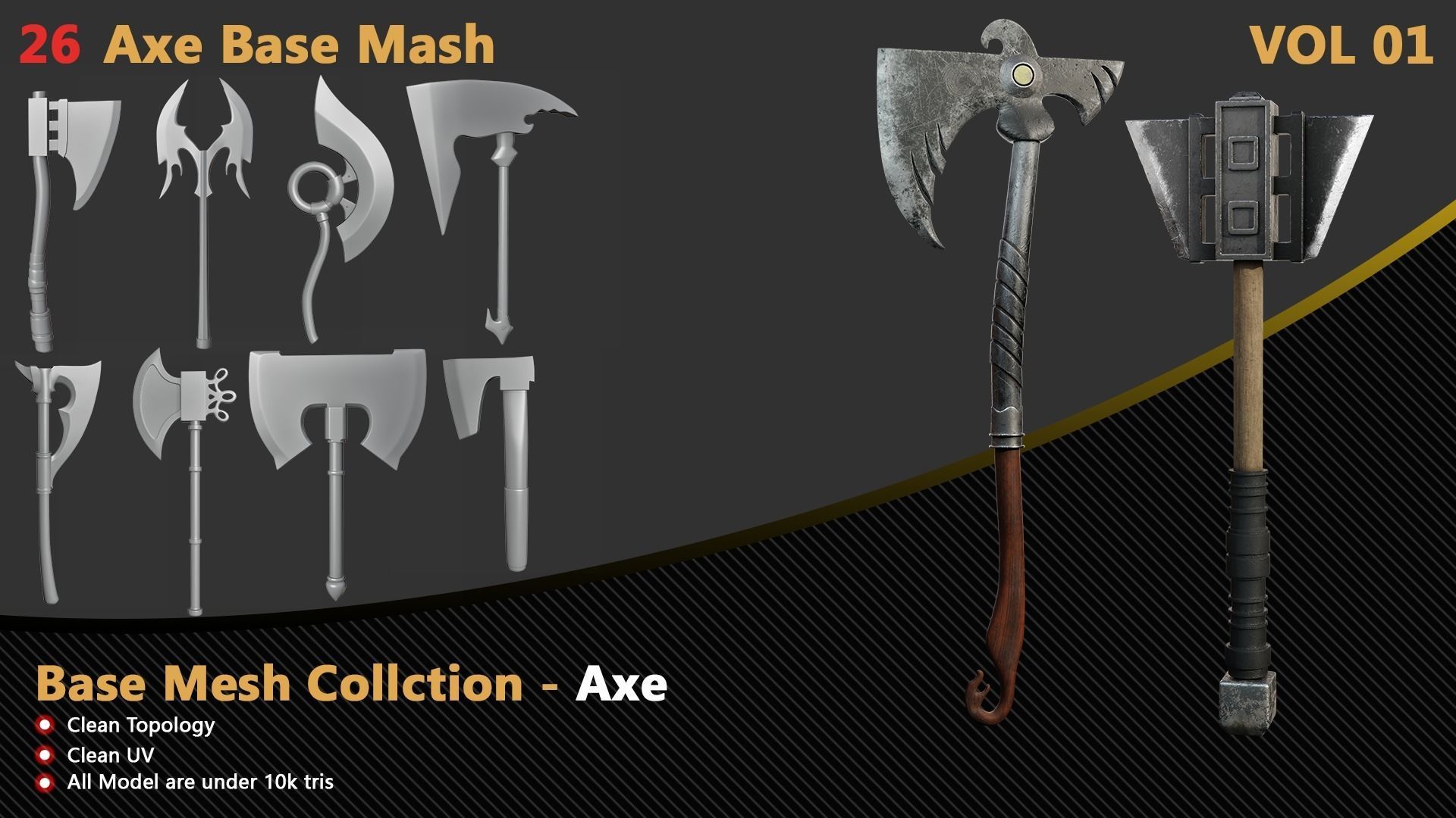 3D model 26 Axe Base Mesh - VOL 01 - Clean UV and Topology VR / AR / low-poly | CGTrader