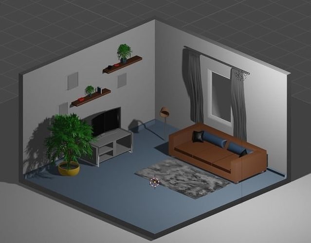 3D model low-poly room living with furniture and plants VR / AR / low ...