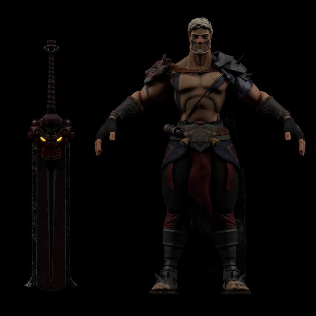 3D model Fantasy game hero with two hand sword VR / AR / low-poly ...