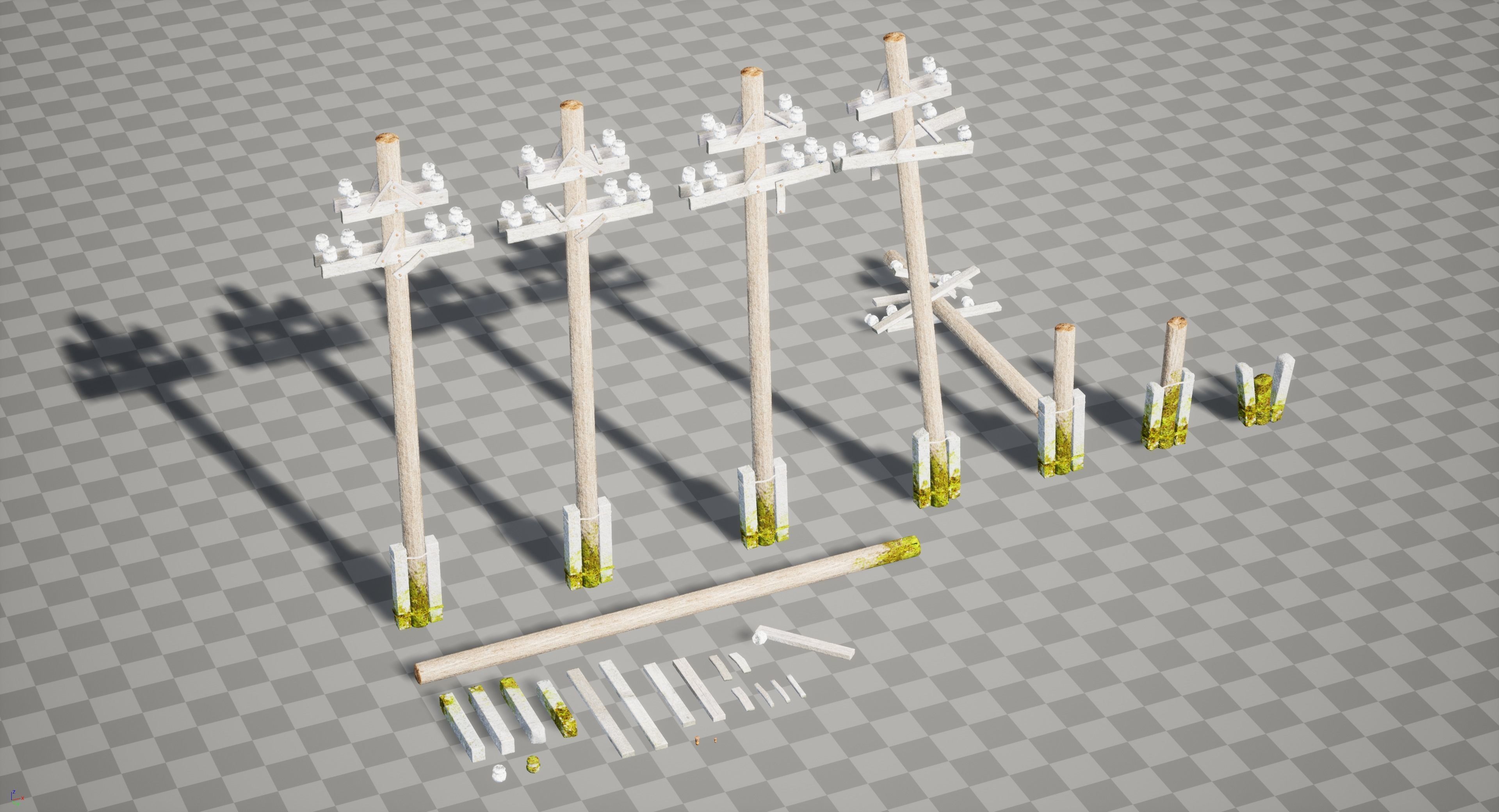 3D model Low-poly PBR Wood Electricity Wires Poles Set VR / AR / low ...