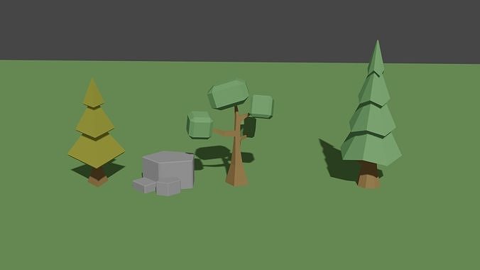 3D model low poly trees three in grassy area VR / AR / low-poly | CGTrader