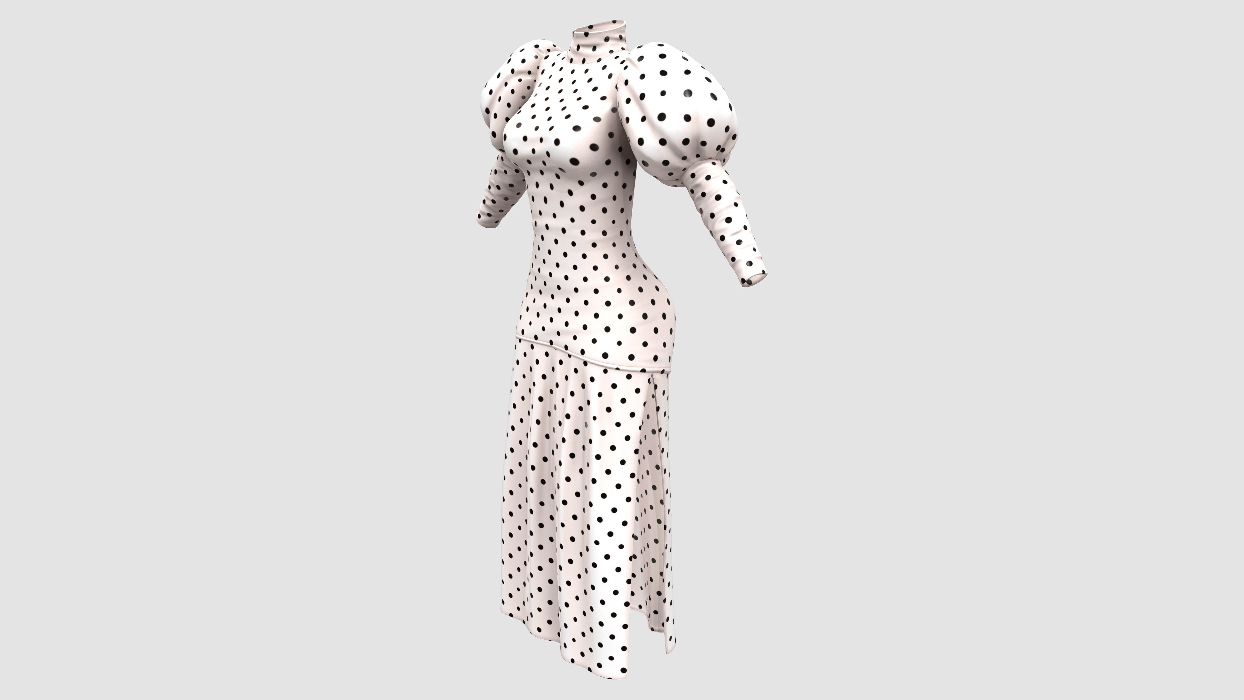 3D model Puffy Shoulders Backless Polka Dots Dress VR / AR / low-poly ...
