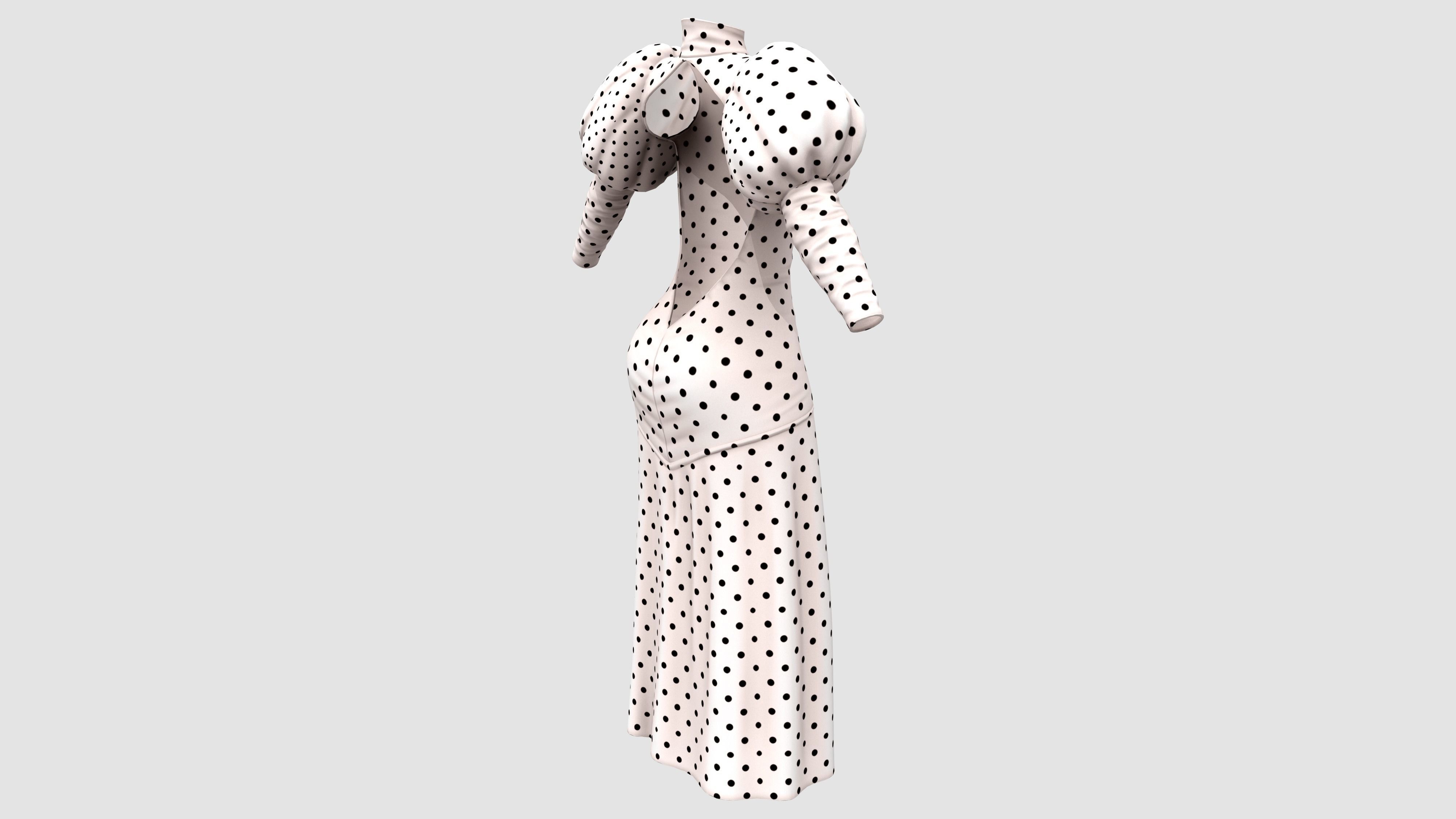 3D model Puffy Shoulders Backless Polka Dots Dress VR / AR / low-poly ...