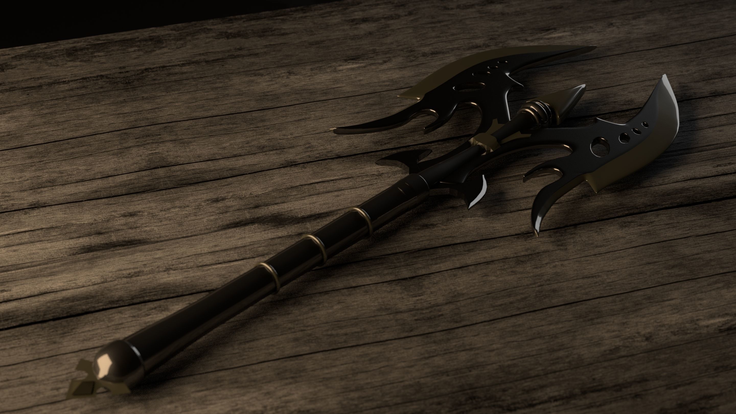 3D Axe gold sword on wooden table 3D model | CGTrader
