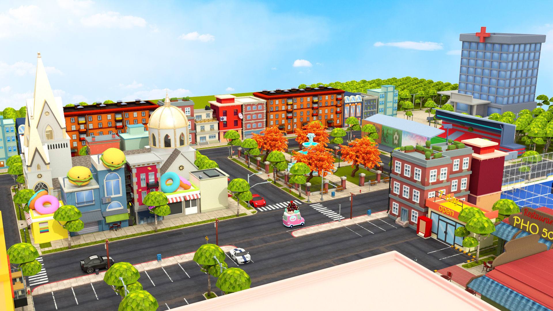 3D model Cartoon City Street Scene 3D LowPoly VR / AR / low-poly | CGTrader