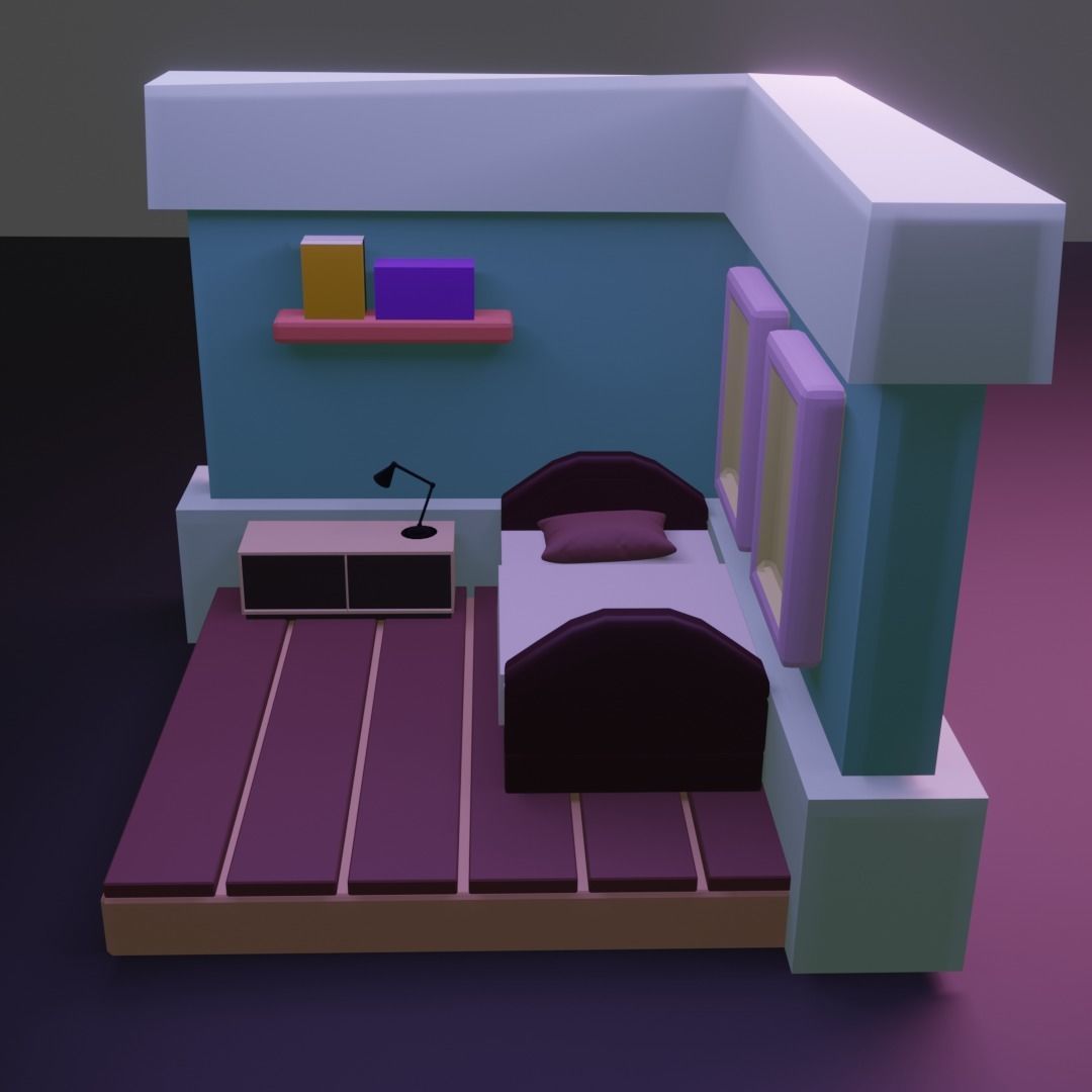 Low Poly Bedroom room with bed and bookshelf free 3D model | CGTrader