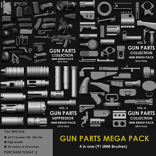 GUN PARTS MEGA PACK 4 IN ONE 91 BRUSHES 3D model | CGTrader