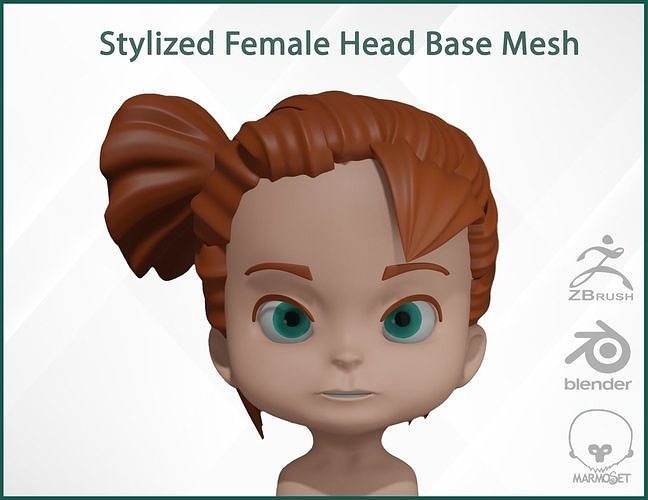 3D model Female Head Stylized Base mesh with Hair in blender Curve VR ...