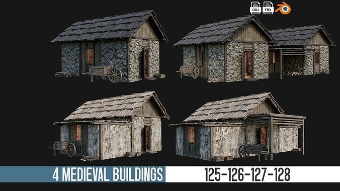 3D model 4 Old Medieval Building Pack 4K Textures GameReady 125 to 128 ...