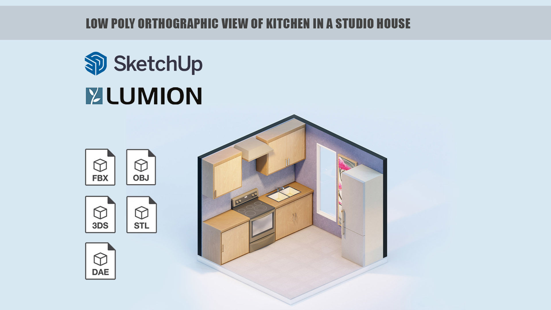 3D model Low poly orthographic view of kitchen in a studio house VR ...