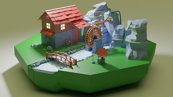 3D model Watermill House Low Poly - Wood Farm mill VR / AR / low-poly ...