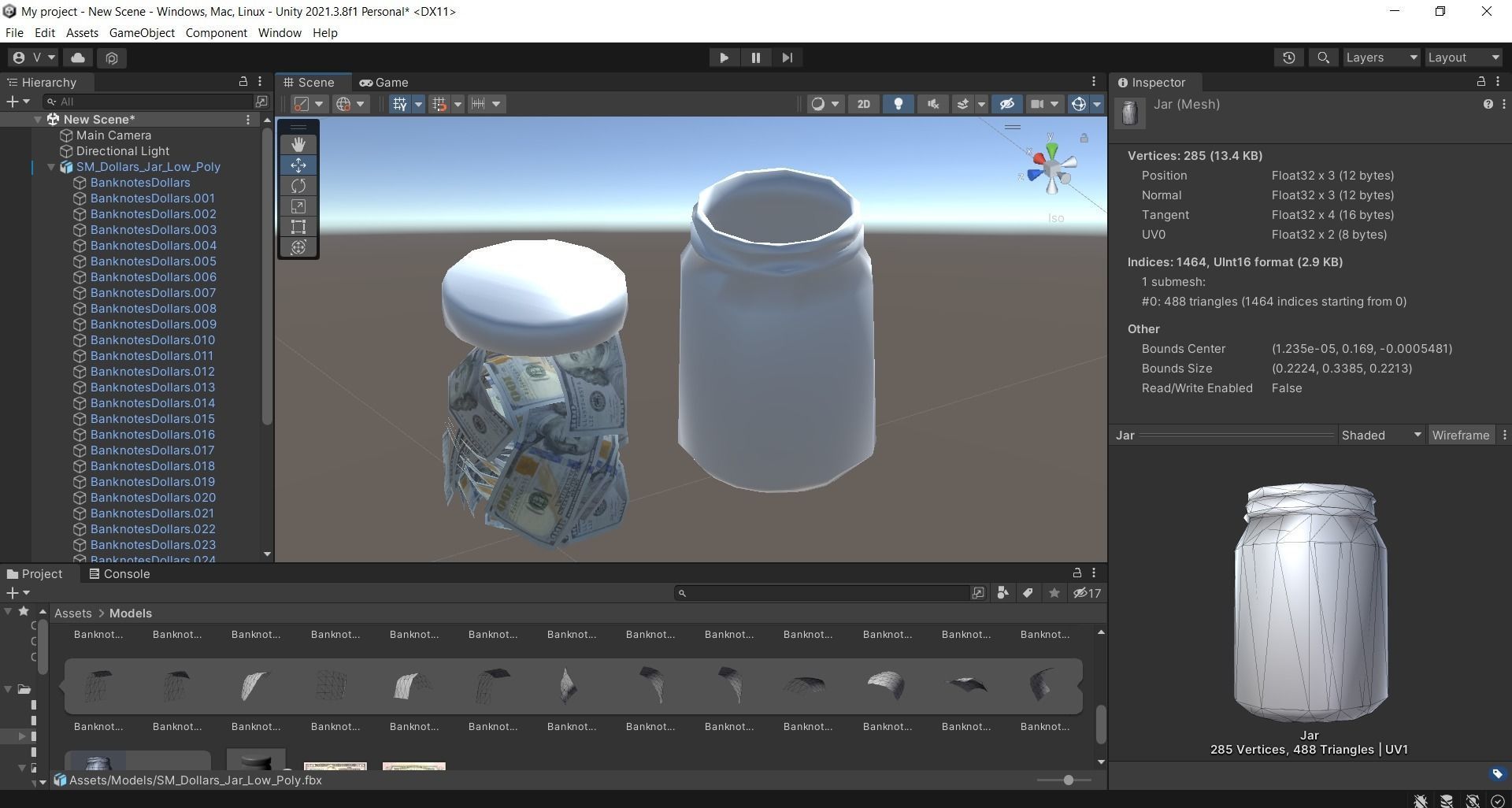 3D model Glass jar full of money piggy bank dollars pack VR / AR / low ...