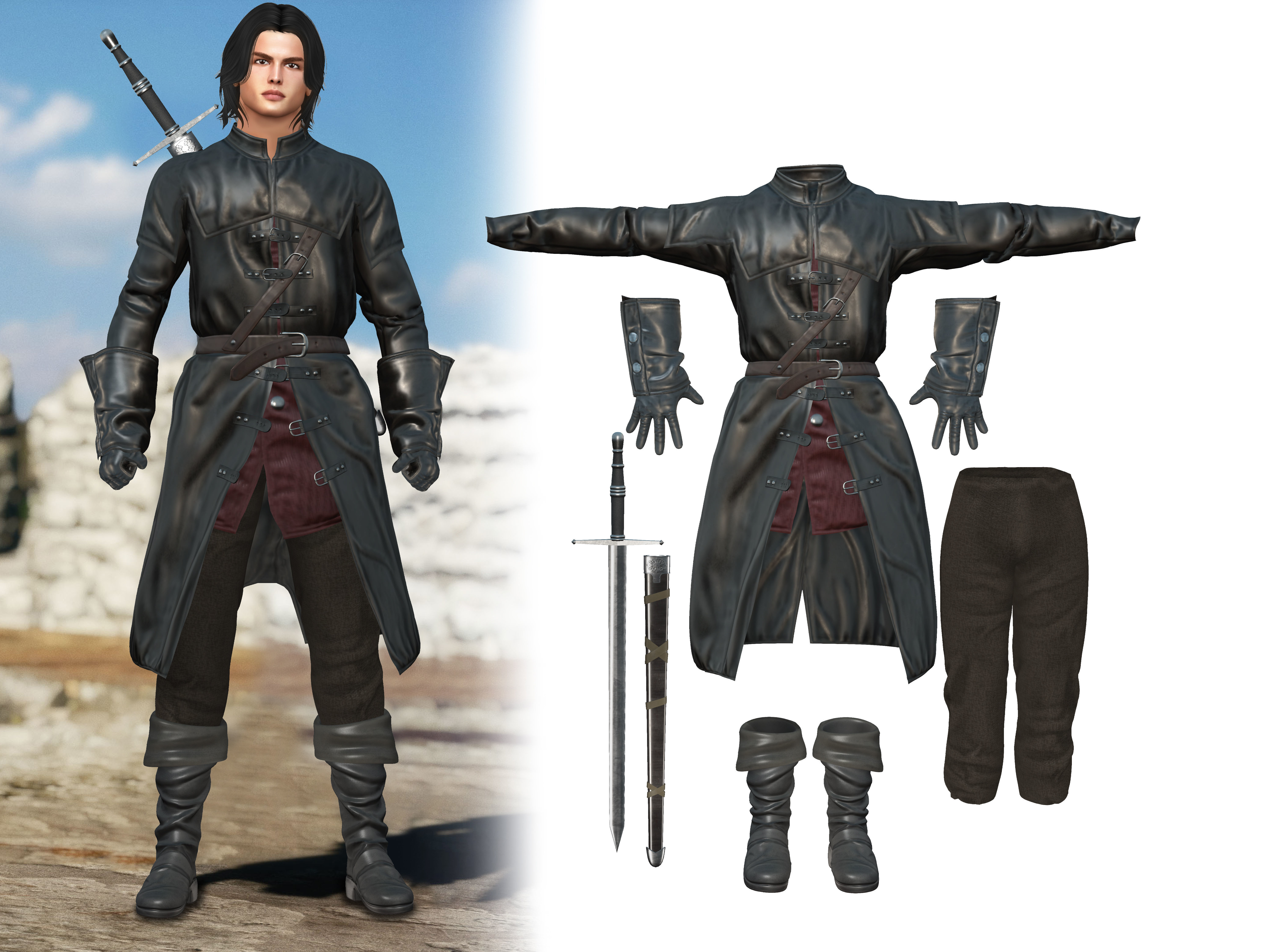 3D model Full Medieval Warrior Fighter Knight Black Outfit VR / AR ...