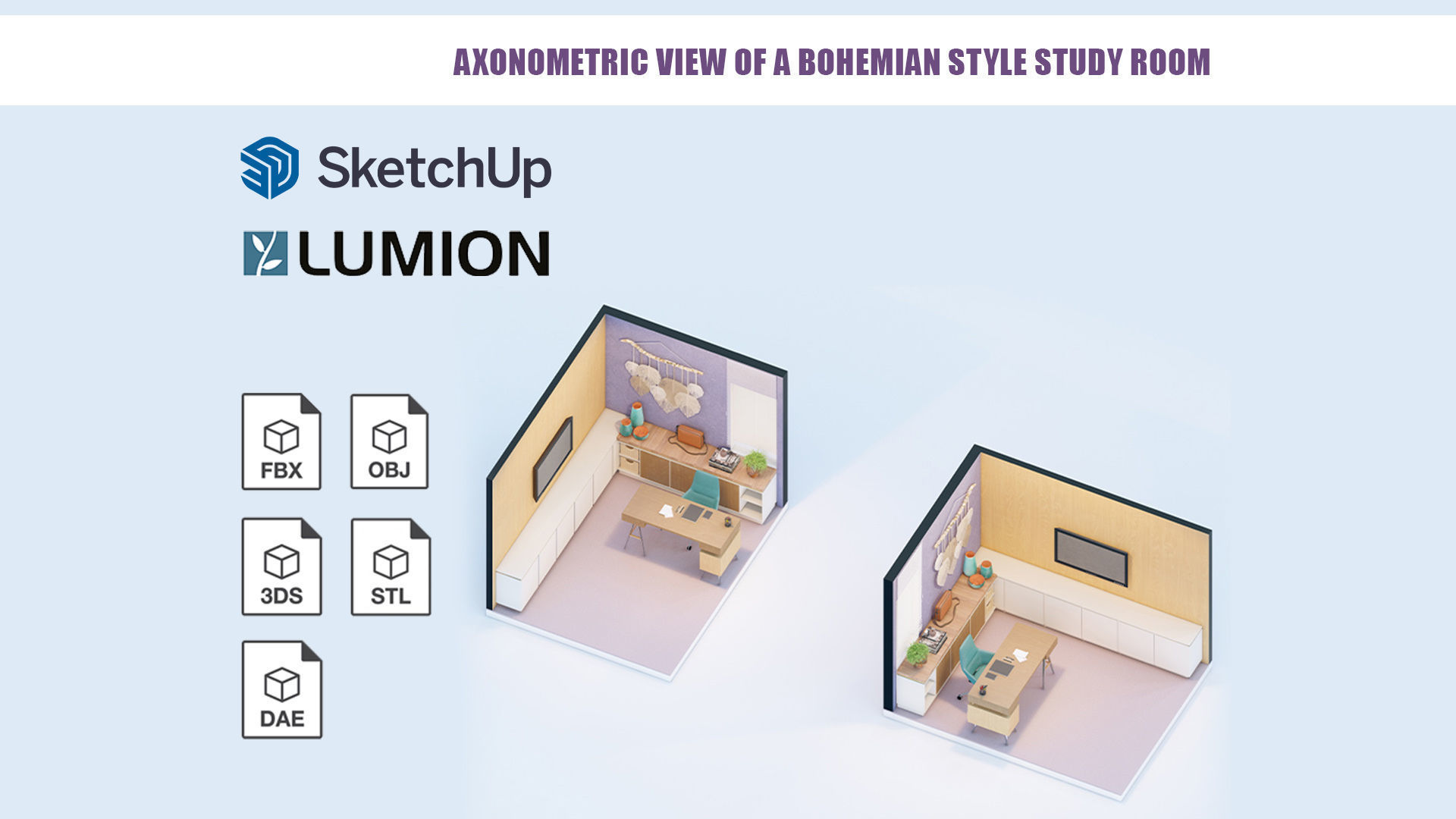 Axonometric view of a Bohemian style study room 3D model | CGTrader