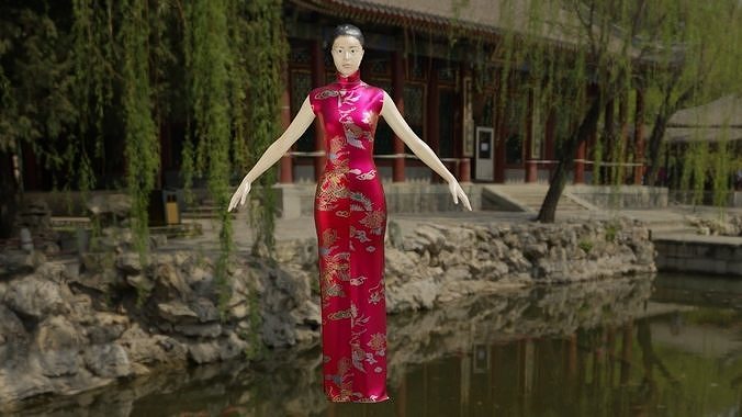 3D model Chinese traditional embroidery cheongsam dress VR / AR / low ...