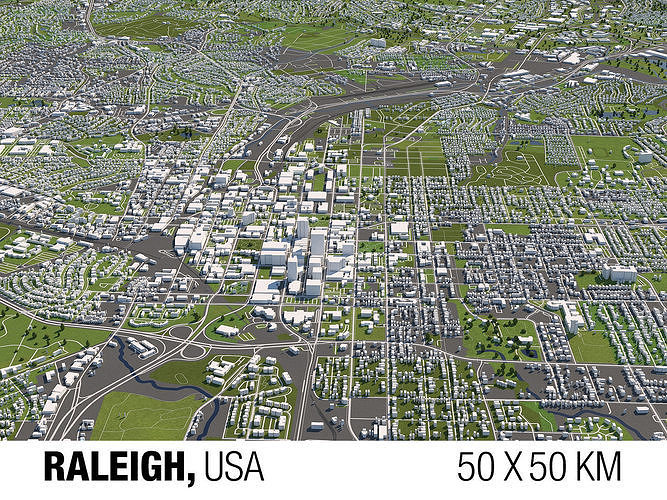 Raleigh 50x50km 3D City Map 3D model | CGTrader