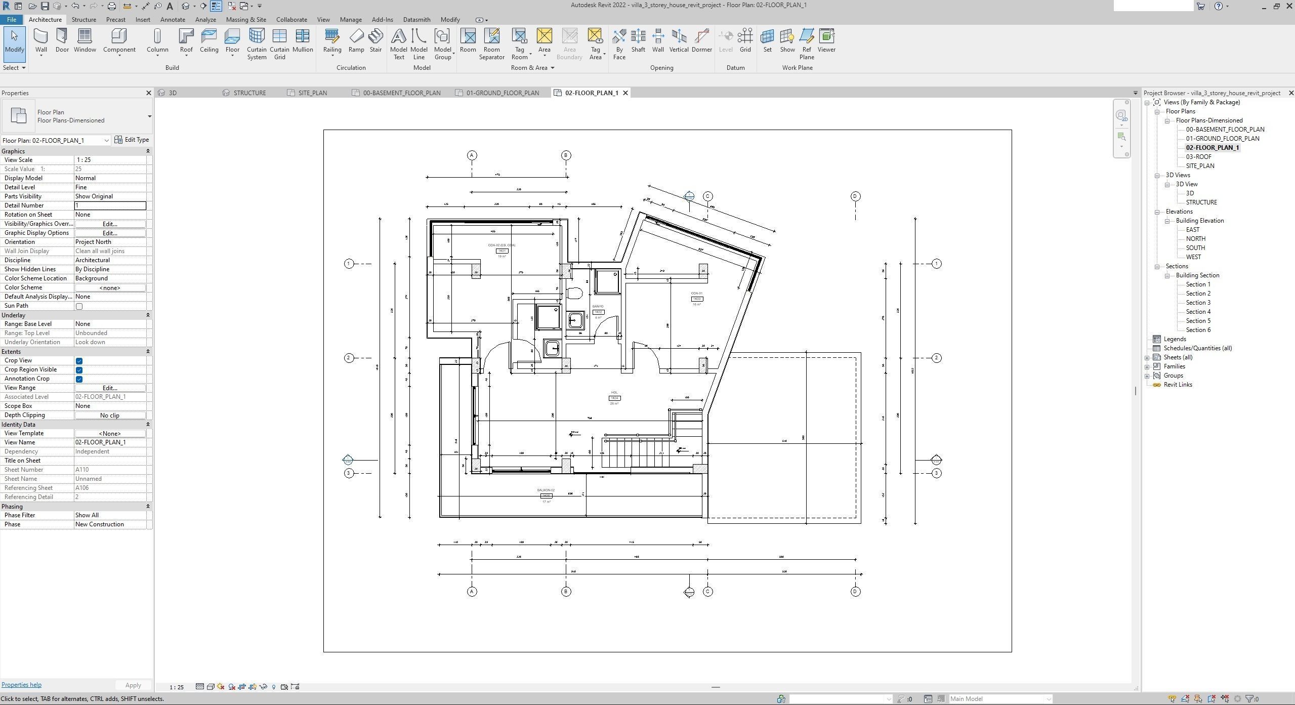 House Villa 3-Storey Revit Project 3D model animated | CGTrader