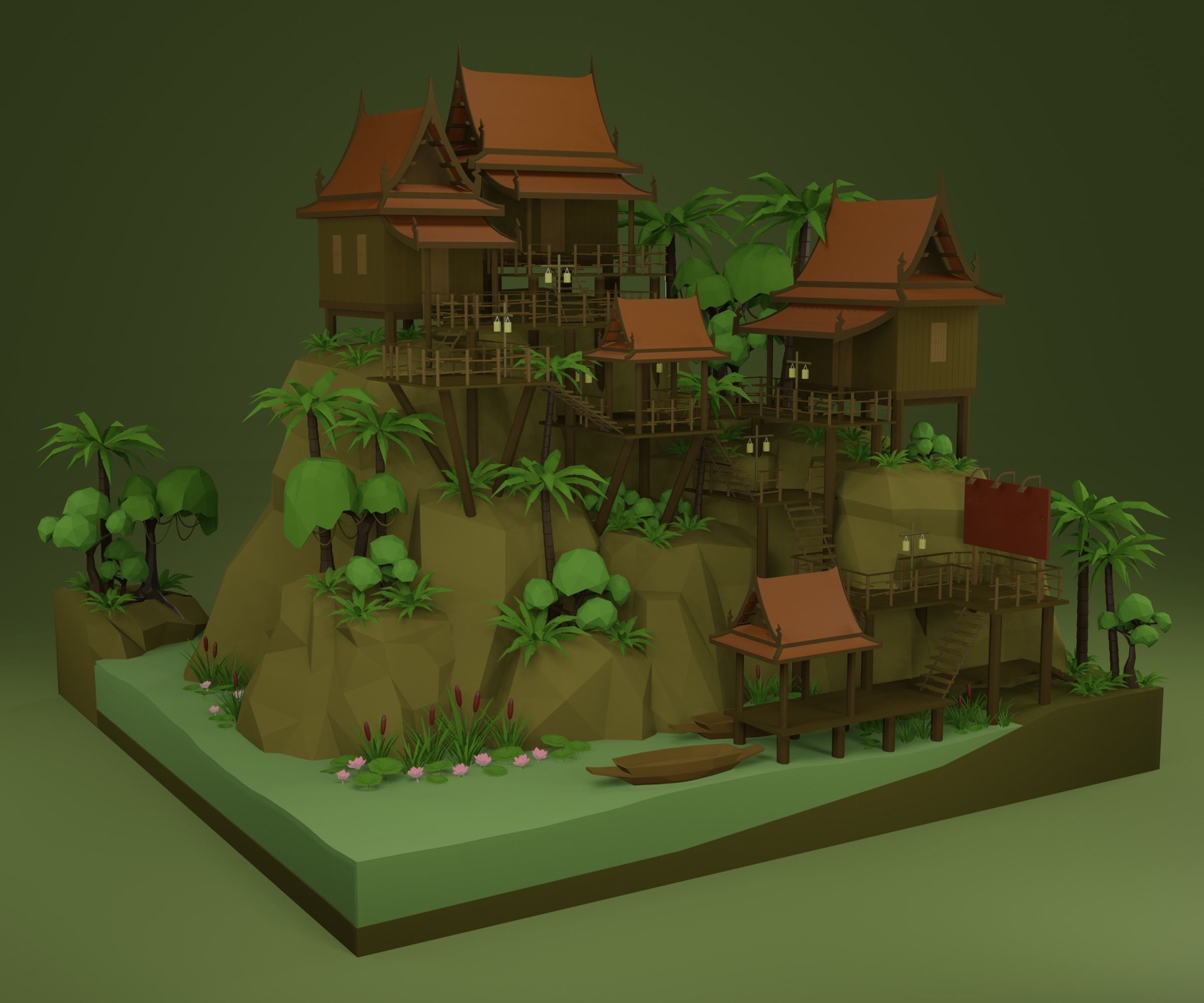 Thai houses and wooden corridors free VR / AR / low-poly 3D model ...