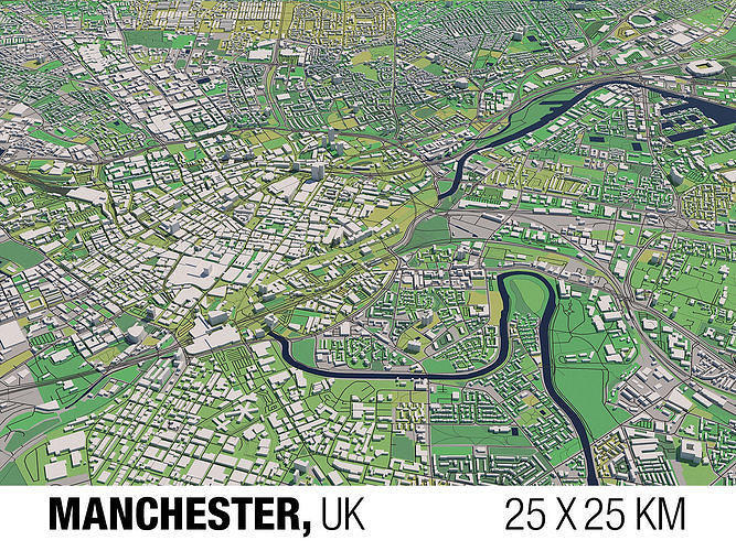 Manchester UK 25x25km City Map 3D model | CGTrader