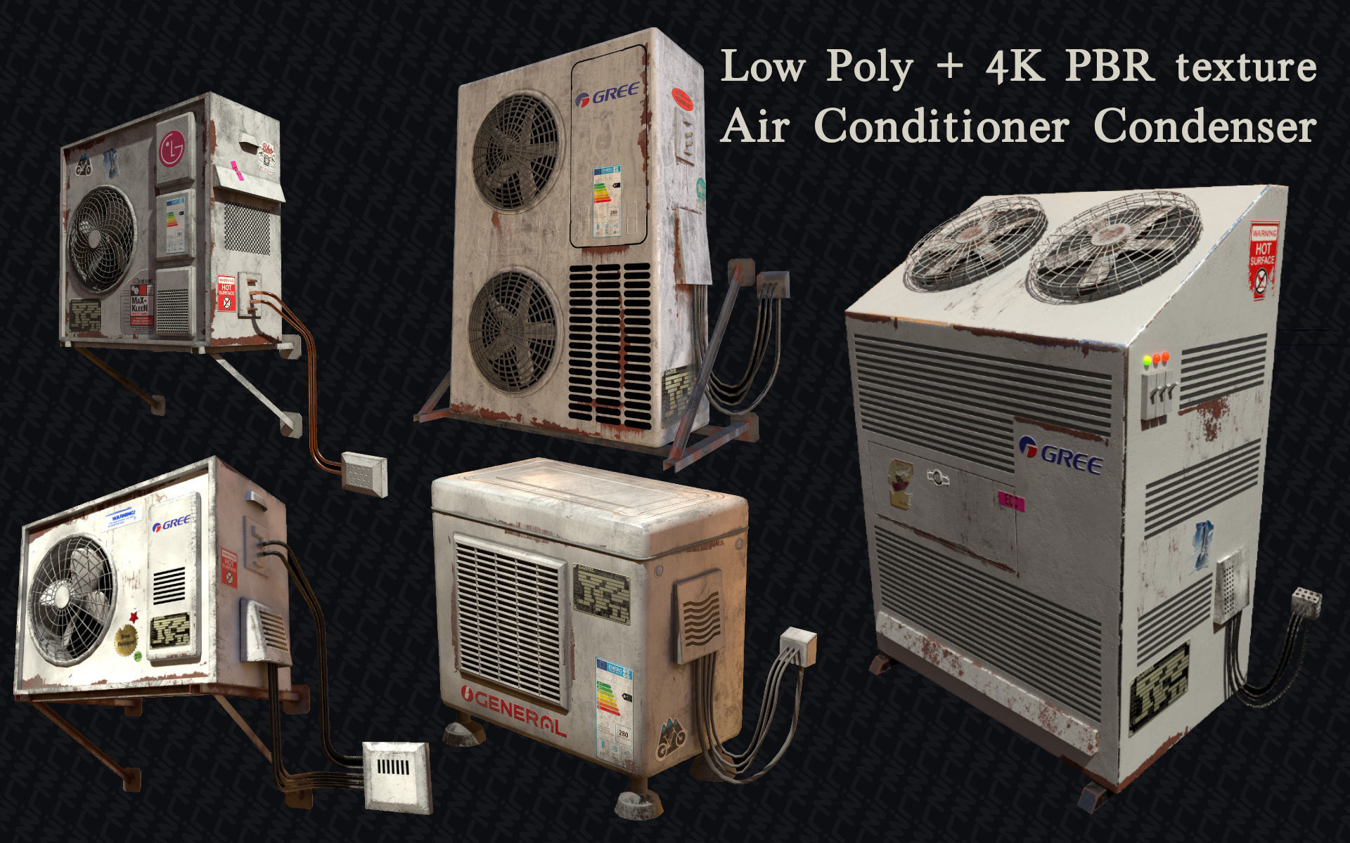 3D model 5 Low Poly Air Conditioner Condenser with 4K PBR textures VR ...