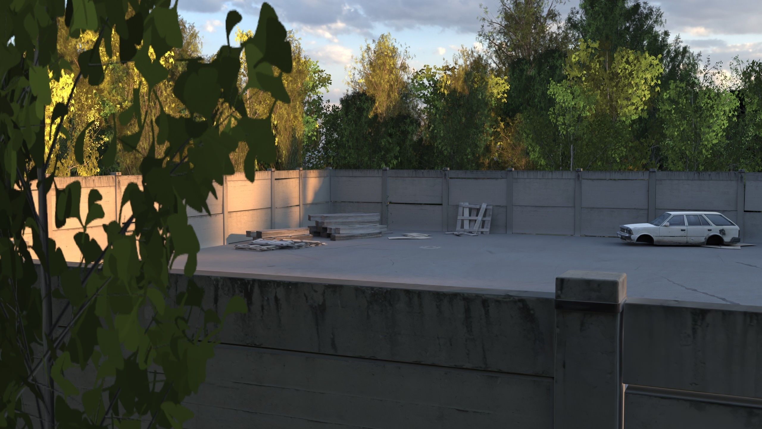 3D model Square empty parking lot with trees and car VR / AR / low-poly ...