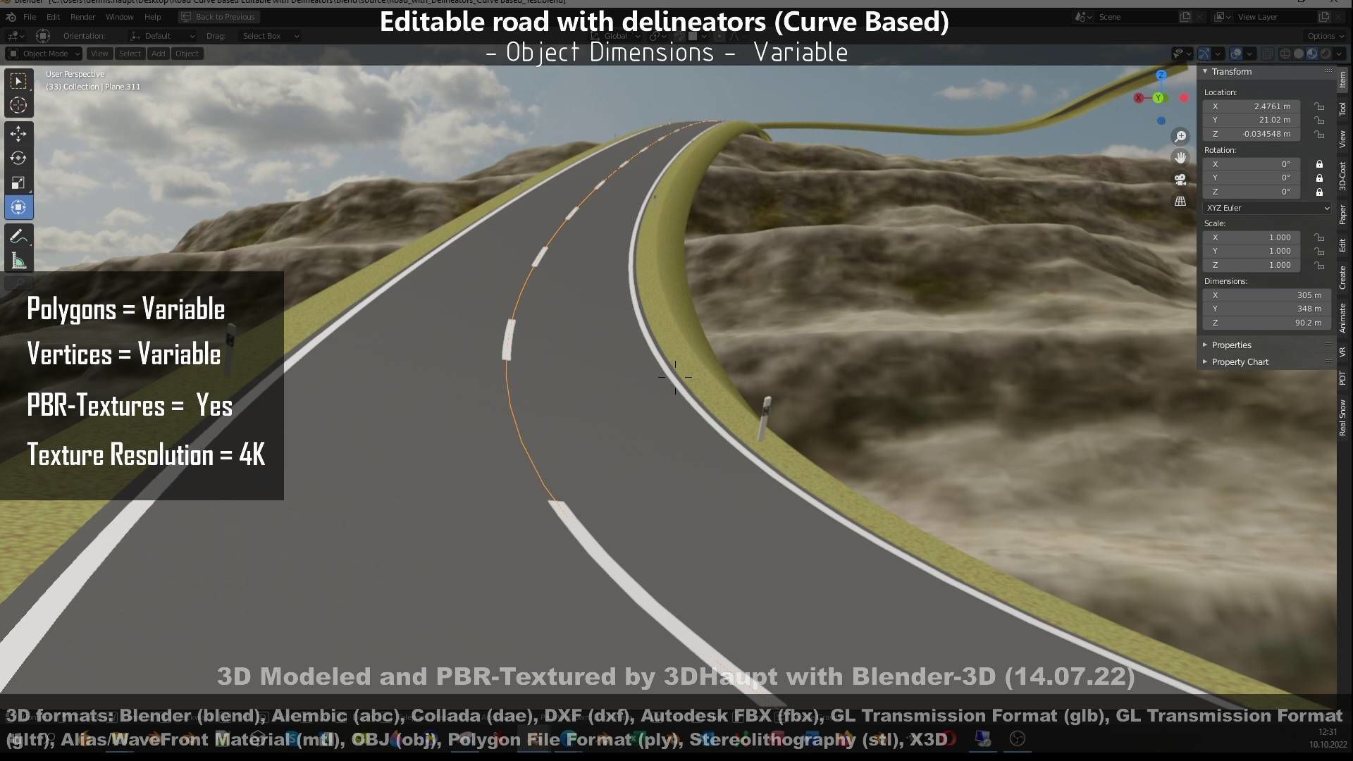 3D model Editable Road with Delineators - Curve Based VR / AR / low ...