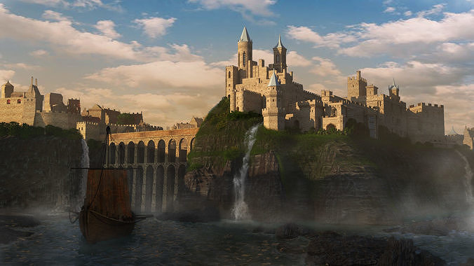 3D model Castle in middle of waterfall VR / AR / low-poly | CGTrader