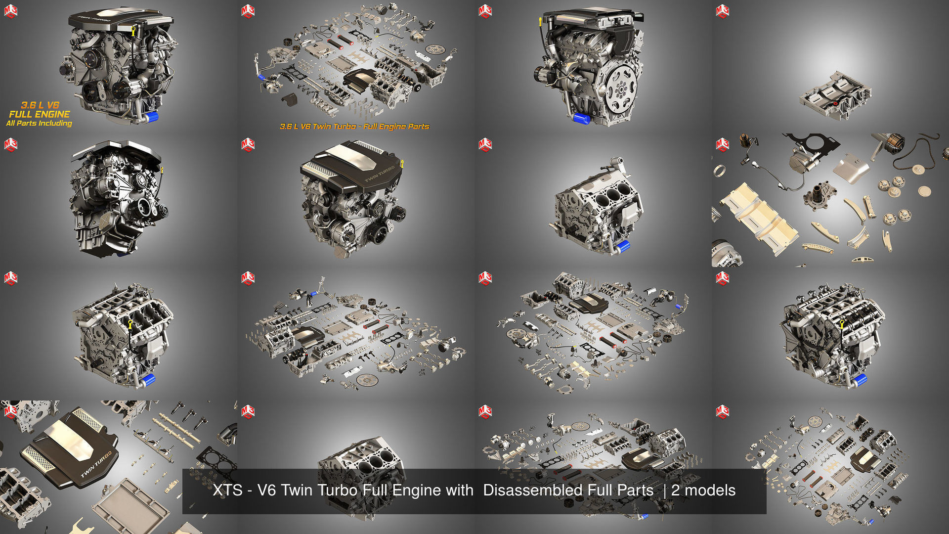 XTS - V6 Twin Turbo Full Engine with Disassembled Full Parts 3D Model Collection | CGTrader