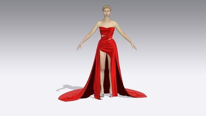 DRESS HEART SHAPED NECKLINE LONG ASYMETRIC SLIT SKIRT DETAIL 3D model ...
