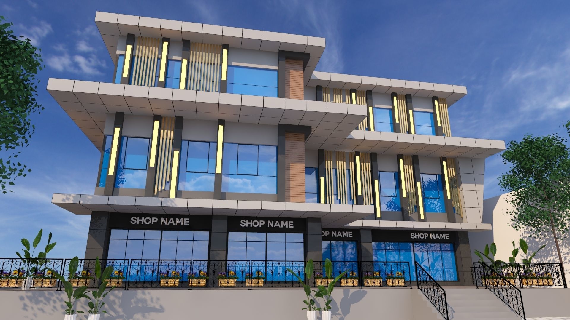 3D model modern commercial building facade design VR / AR / low-poly ...