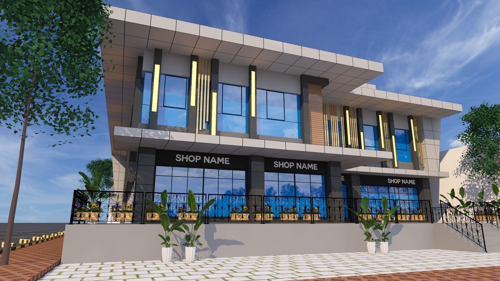 3D model modern commercial building facade design VR / AR / low-poly ...