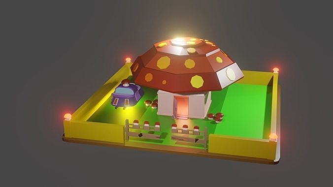 Cube mushroom future house with floating car free VR / AR / low-poly 3D ...