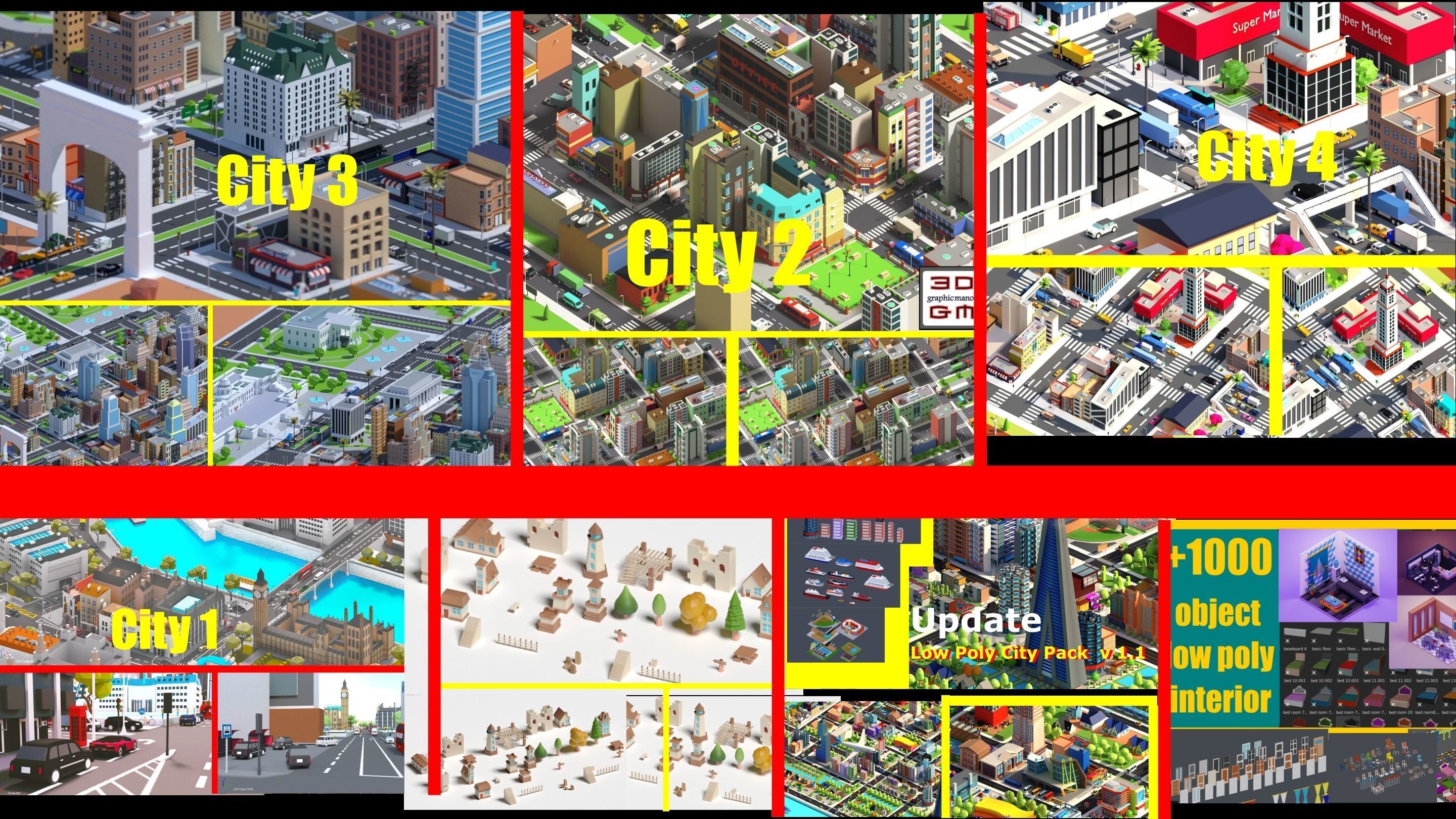 3D model all low poly asset pack citys exterior and interior VR / AR ...