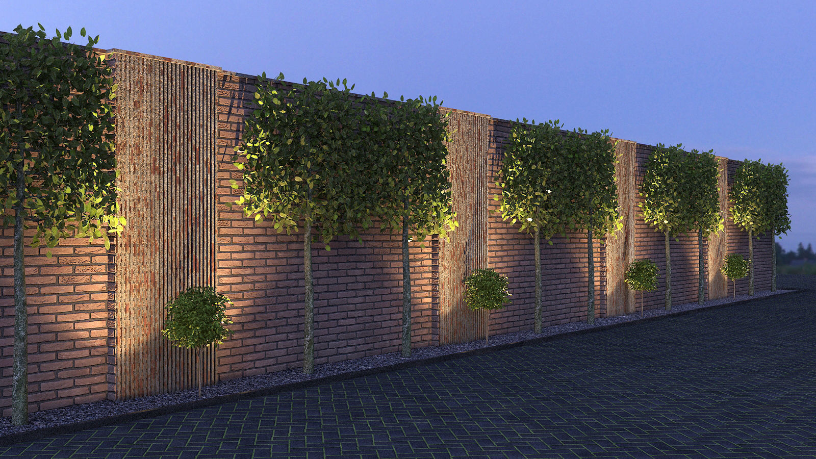Brick Fence With Pleached Trees 3D model | CGTrader