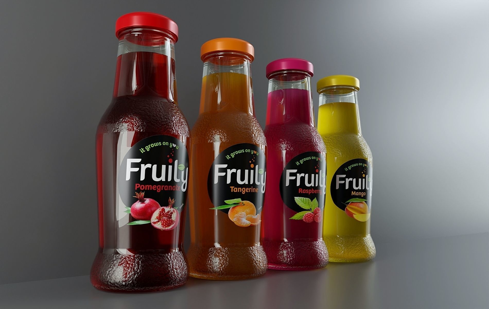 Four bottles with different juice 3D model | CGTrader