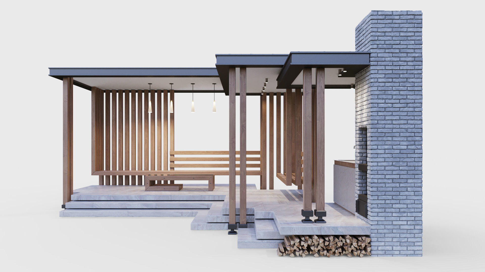 Gazebo with summer kitchen and multi-level roof 3D model | CGTrader