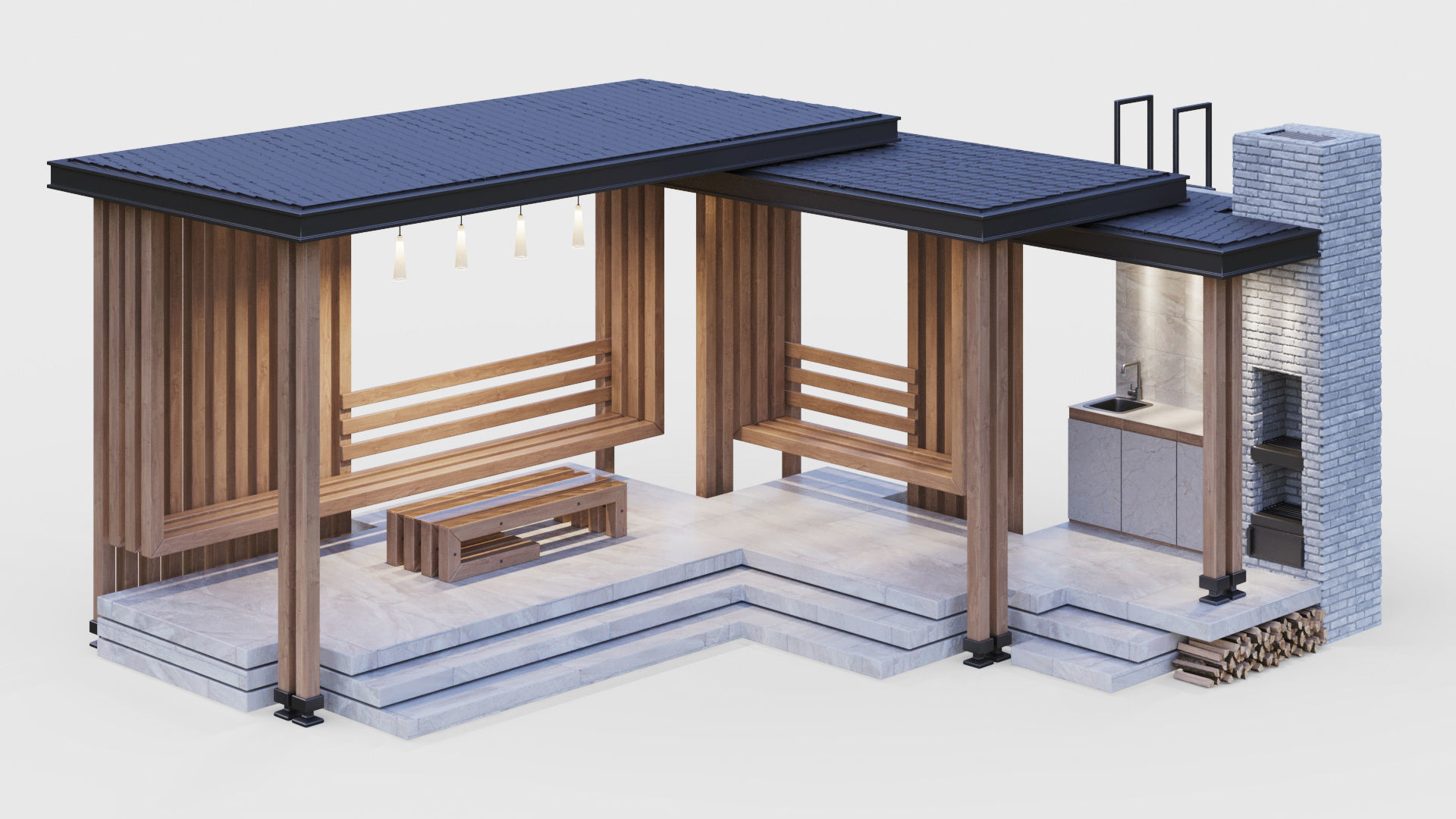 Gazebo with summer kitchen and multi-level roof 3D model | CGTrader