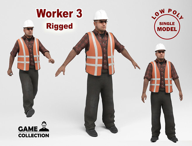 3D model Worker 3 construction wearing hard hat and safety vest VR / AR ...